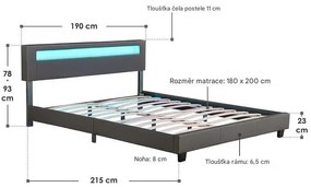 Goleto Čalouněná postel Paris 180 x 200 cm s LED osvětlením | tmavě šedá