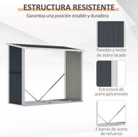 Outsunny Galvanizovaný Ocelový Přípravek na Dřevo se Šikmou Střechou pro Zahradní Terasu Exteriér 185x84x133,5/148,5 cm Šedý
