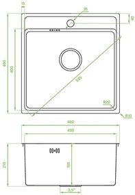 Laveo Besos, 1-komorový nerezový dřez 480x490x210 mm, ocelová, LAV-SLB_210T