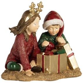Vánoční dekorace figurka dětí rozbalujících vánoční dárečky – 14x9x11 cm