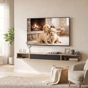 HOMCOM Závěsný TV nábytek, TV nábytek pro televize až do 190,5 cm, výklopná zásuvka, 2 police, 180x24x16 cm, přírodní dřevěný vzhled