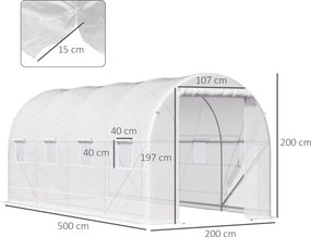 Zahradní tunelová skleník Outsunny s 8 okny a rolovacími dveřmi, kovový rám a polyethylenový kryt, 5x2x2m, bílý