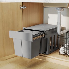 HOMCOM vysouvací koš pod dřez — 3 vyjímatelné nádoby 15 l + 8 l + 8 l, světle šedý