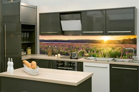 DIMEX | Fototapeta do kuchyně Západ slunce na louku KI-260-145 | 260 x 60 cm | zelená, fialová, žlutá