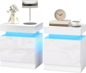 HOMCOM sada 2 LED nočních stolků s 16 barvami a 4 režimy, se 2 šuplíky, z dřeva, 45x35x52 cm, vysokolesklá bílá