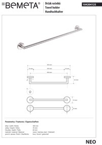 Bemeta Design NEO: Držák ručníků, 450 mm -