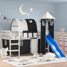 Dětská patrová postel s věží bílá a černá 90 x 190 cm borovice