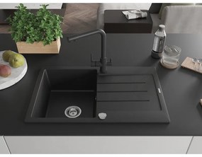 Mexen Bruno, 1-komorový granitový dřez s odkapávačem 795x495x200 mm a černá baterie Duero, černá, 6513-77-671600-70
