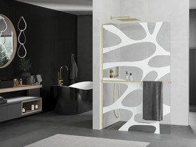 Mexen Kioto+ L, sprchová zástěna Walk-In s poličkou a věšákem 110 x 200 cm, 8mm čiré sklo bílý vzor, ​​zlatý matný profil, 800-110-123-55-97