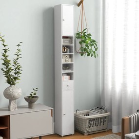 Costway Úzká koupelnová skříňka vysoká se 2 dvířky a 1 zásuvkou, bílý