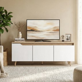 HOMCOM TV skříňka pro televize do 55" s 3 dveřmi a nastavitelnou policí – 5 borovicových nožiček, dub/bílá