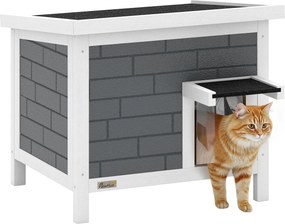 PawHut voděodolný dřevěný domeček pro kočky s otevírací střechou, izolačními hliníkovými panely a asfaltovou střechou — 61 × 51 × 53,5 cm (šedý) — zvý