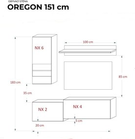 Ral Obývací stěna OREGON 1, 151 cm - Černý lesk