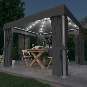 Altán se závěsy a světelnými LED řetězy 3 x 3 m antracitový 3070347