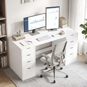 HOMCOM Psací stůl 140 cm s 8 zásuvkami, moderní kancelářský stůl s úložným prostorem, bílý vzhled dřeva