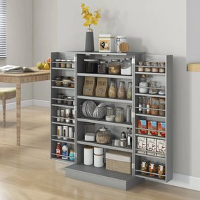 HOMCOM Moderní Kuchyňská Skříňka s Úložným Prostorem, Regály a 12 Kořenkami, Spíž pro Jídelnu a Obývací Pokoj, 60 x 30 x 104 cm, Šedá