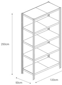 Bezšroubové kovové regál 250x120x50cm T profil, 5 polic