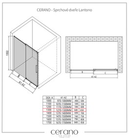 CERANO - Sprchové posuvné dveře Lantono L/P - černá matná, transparentní sklo - 130x195 cm