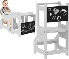HOMCOM 2v1 učení věž a stolička pro děti 3+ let, přestavitelná na stůl s tabulí a bezpečnostním pruhem 42x44x86 cm Šedá