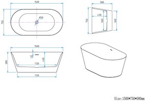 Erga Molly, volně stojící vana 150x75 cm + odtoková zátka, bílá lesklá, ERG-Molly-150075-WH-WH