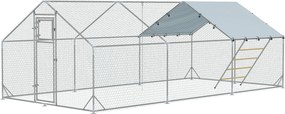 PawHut Kurník pro slepice z oceli, 3 x 6 x 1,95 m s UV-odolným pokryvem, krmícími dveřmi, visícím krmítkem, trúnící tyčí, kurník pro 18-24 slepic a ma