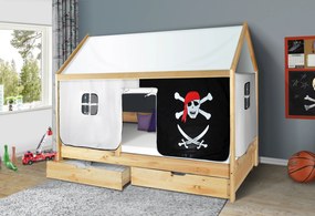 Dětská domečková postel Mike přírodní 200 x 90 cm + domeček pirát černý/bílý a stříška