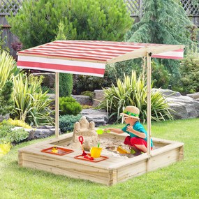 Square Wooden Sandpit Outsunny 1,18L x 1,18W x 1,18H m - Nastavitelná výška, sklon střechy, uzavíratelný - 2 vaničky - Autoklávované jedlové dřevo