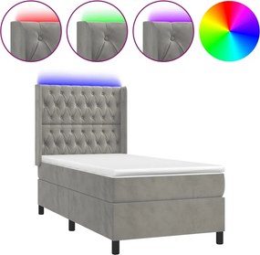 Box spring postel s matrací a LED světle šedá 90x200 cm samet 3139721