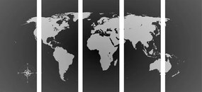 5-dílný obraz mapa světa v odstínech šedi - 200x100 cm