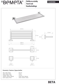 Bemeta Design BETA: Držák ručníků, 600 mm -