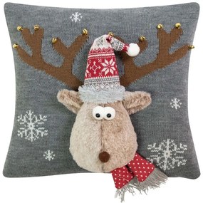 Šedý vánoční dekorační polštář sob Rudolf - 40*40*7cm