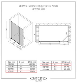 CERANO - Sprchové křídlové dveře Antelo s pevnou částí L/P - chrom, transparentní sklo - 80x60 cm