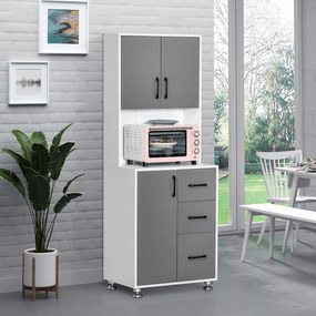 HOMCOM Kuchyňský bufet s více úložnými prostory 2 + 1 dvířka 3 zásuvky + Velký pracovní stůl Rozměry 60L x 40W x 160H cm Šedá Bílá