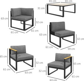 Outsunny Zahradní Lounge se Sofou a Konferenčním Stolkem, 6-Dílná Souprava z Hliníku s Polstrovanými Polštáři, Konferenční Stolek s Dřevěným Efektem,…