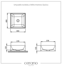CERANO - Umyvadlo na desku z litého mramoru Saulius - bílá lesklá - 40x40 cm