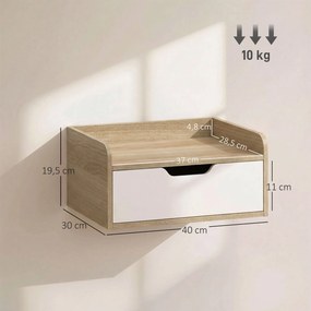 HOMCOM 2dílný set nástěnných nočních stolků, noční stolky se zásuvkou a poličkou s vyšším okrajem, 40x30x19,5 cm, přírodní dřevo