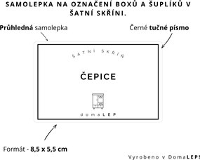 ČEPICE - Samolepka na šuplíky a boxy do šatní skříně, 8,5 x 5,5 cm -| DomaLEP varianta: SAMOLEPKA, barva: PRŮHLEDNÁ - ČERNÉ písmo, velikost: š. 8,5 cm x v. 5,5 cm - tučné písmo