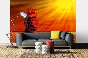 DIMEX | Samolepicí vliesová fototapeta na zeď Loď při západu slunce MA-5-2770 | 375 x 250 cm | žlutá, oranžová