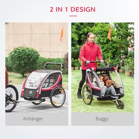 Dětský přívěs na kolo HOMCOM 2 v 1 s odpružením, síťovanými dvířky, předním kolem otočným o 360° a brzdou, červeno-černý, 142x75x101cm