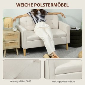 HOMCOM dvoumístná úložná pohovka, sametový vzhled, nohy z kaučukovníku, knoflíkové prošívání — 117 × 62 × 78 cm, krémová