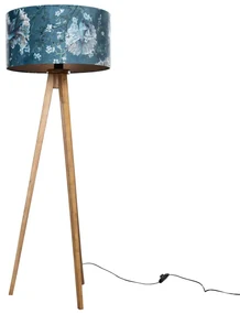 Stojací lampa na třínožce, vintage dřevo, sametový stínidlo s motivem ryb, 50 cm - Tripod Classic