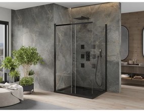 Mexen Omega, sprchový kout s posuvnými dveřmi 100 (dveře) x 80 (stěna) cm, 8mm čiré sklo, černý profil + slim sprchová vanička černá s černým sifonem, 825-100-080-70-00-4070B