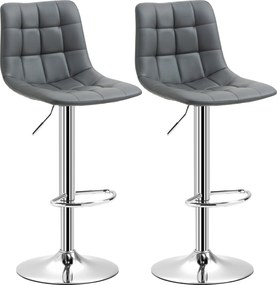 HOMCOM Sada 2 barových židlí z imitace kůže s opěradlem, otočné kuchyňské a obývací židle s opěrkou nohou, 42x45x89-110cm, Šedé | Aosom