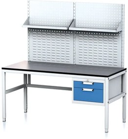 Alfa 3 Nastavitelný dílenský stůl MECHANIC II s perfopanelem a policemi, 2 zásuvkový box na nářadí, 1600x700x745-985 mm,  šedá/modrá