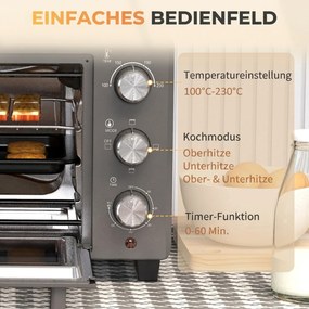 HOMCOM Mini trouba 21L 1400W 60 min. časovač, malá trouba s nastavitelnou dobou pečení 100 °C-230 °C, mini trouba s pečicím plechem, drátěný rošt, ne…
