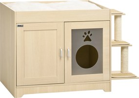 PawHut Kočičí Záchod s Nábytkem s 2 Dveřmi a Měkkým Polštářem – Kočičí Kavalec s 3 Platformami a Sisalovými Sloupky 107x54x70 cm Dub | Aosom