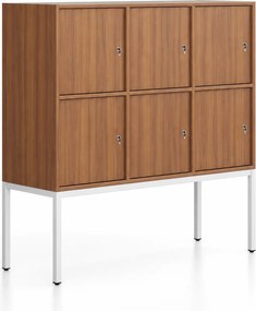 Kancelářská skříň FRAME, nízká, bílá podnož, 6x dveře, 1299 x 450 x 1331 mm, cylindrický zámek, ořech