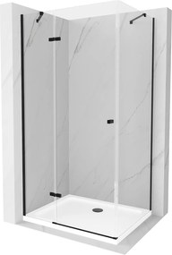 Mexen Roma, sprchový kout s 1-křídlými dveřmi 90 (dveře) x 120 (stěna) cm, 6mm čiré sklo, černý profil, slim sprchová vanička 5cm bílá s černým sifonem, 854-090-120-70-00-4010B