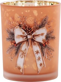 Elegantní vánoční skleněný svícen s mašlí S – Lososový - Ø 7*8 cm