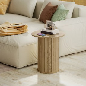 HOMCOM kulatý odkládací stolek Ø 48 cm, konferenční stolek s žlábkovanými nohami pro obývací pokoj, ložnici nebo malé prostory, Dub